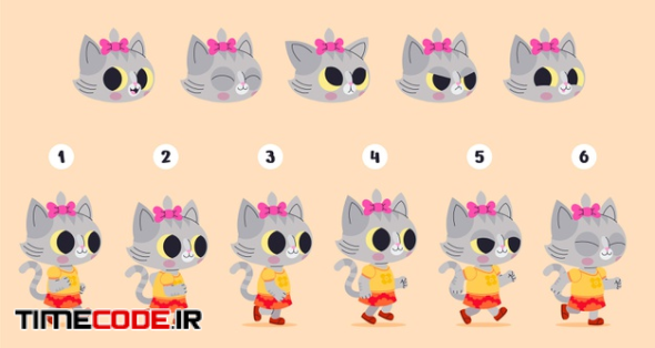 دانلود وکتور کارتونی گربه Cartoon Character Animation Frames Set – تایم کد