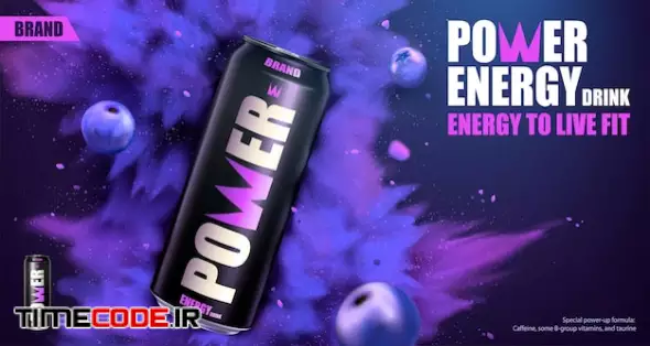 دانلود وکتور لایه باز بنر نوشیدنی انرژی زا Power Energy Drink Banner Ad – تایم کد