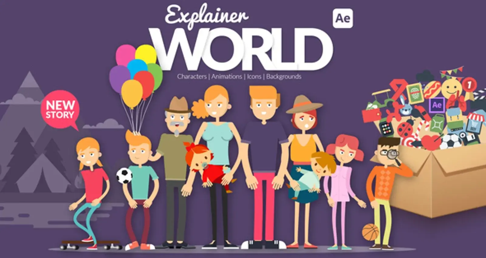 پروژه آماده افتر افکت : پکیج کاراکتر موشن گرافیک + موسیقی Explainer World Characters – تایم کد